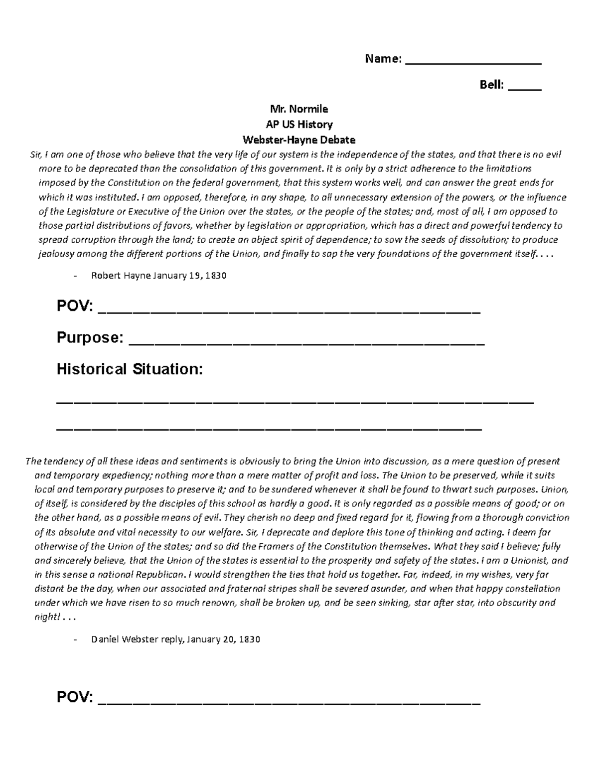 Webster-Hayne Debate - Name: ____________________ Bell: _____ Mr ...