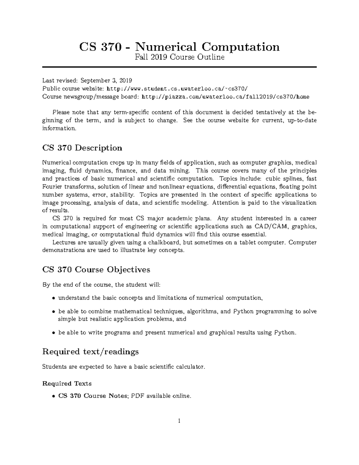 CS 370 Fall 2019 Syllabus - CS 370 - Numerical Computation Fall 2019 Course Outline Last revised ...