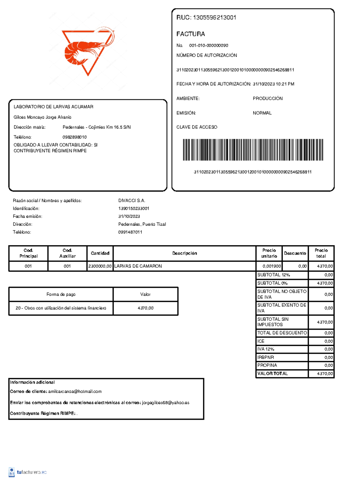 32533 bill5ebd3a - Ooo - DIVACCI S. 1390150233001 31/10/ Pedernales ...