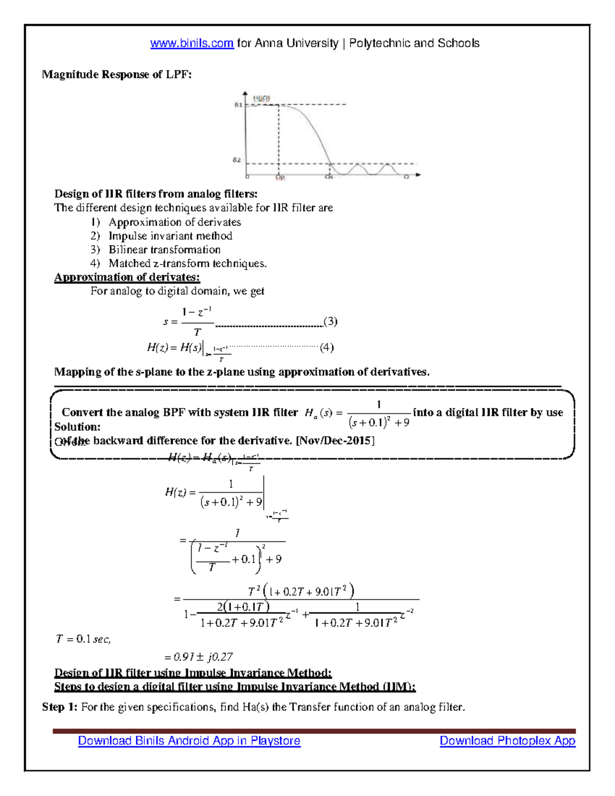 Ec8553 Unit 2 Approximation Of Derivatives Impulse Invariance Method
