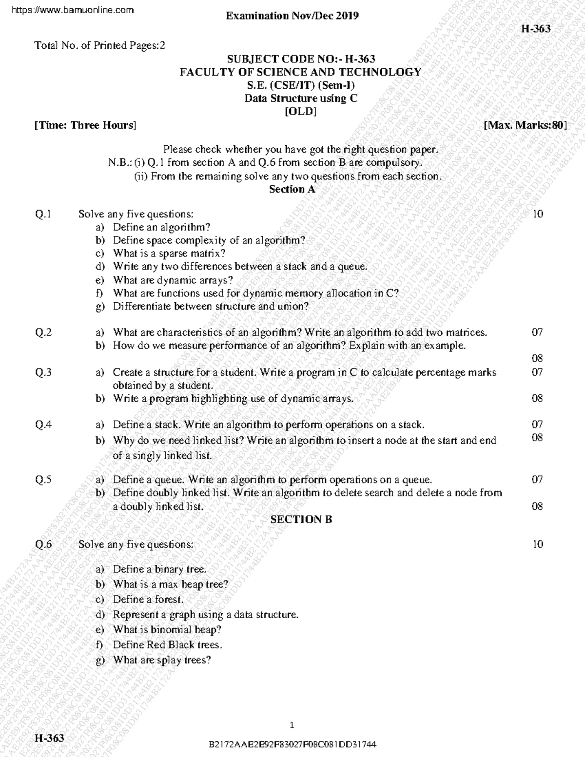 Btech Cse It 3 Sem Data Structure Using C H 363 Dec 2019 H 1 H Total No Of Printed Pages