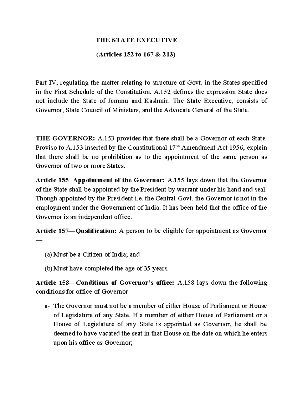 CH-12 (THE State Executive) - THE STATE EXECUTIVE (Articles 152 to 167 ...