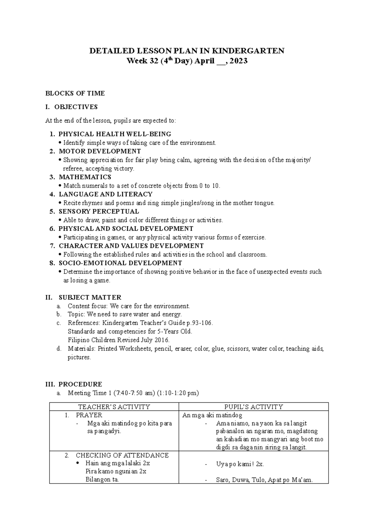 Detailed Lesson PLAN IN Kindergarten - DETAILED LESSON PLAN IN ...