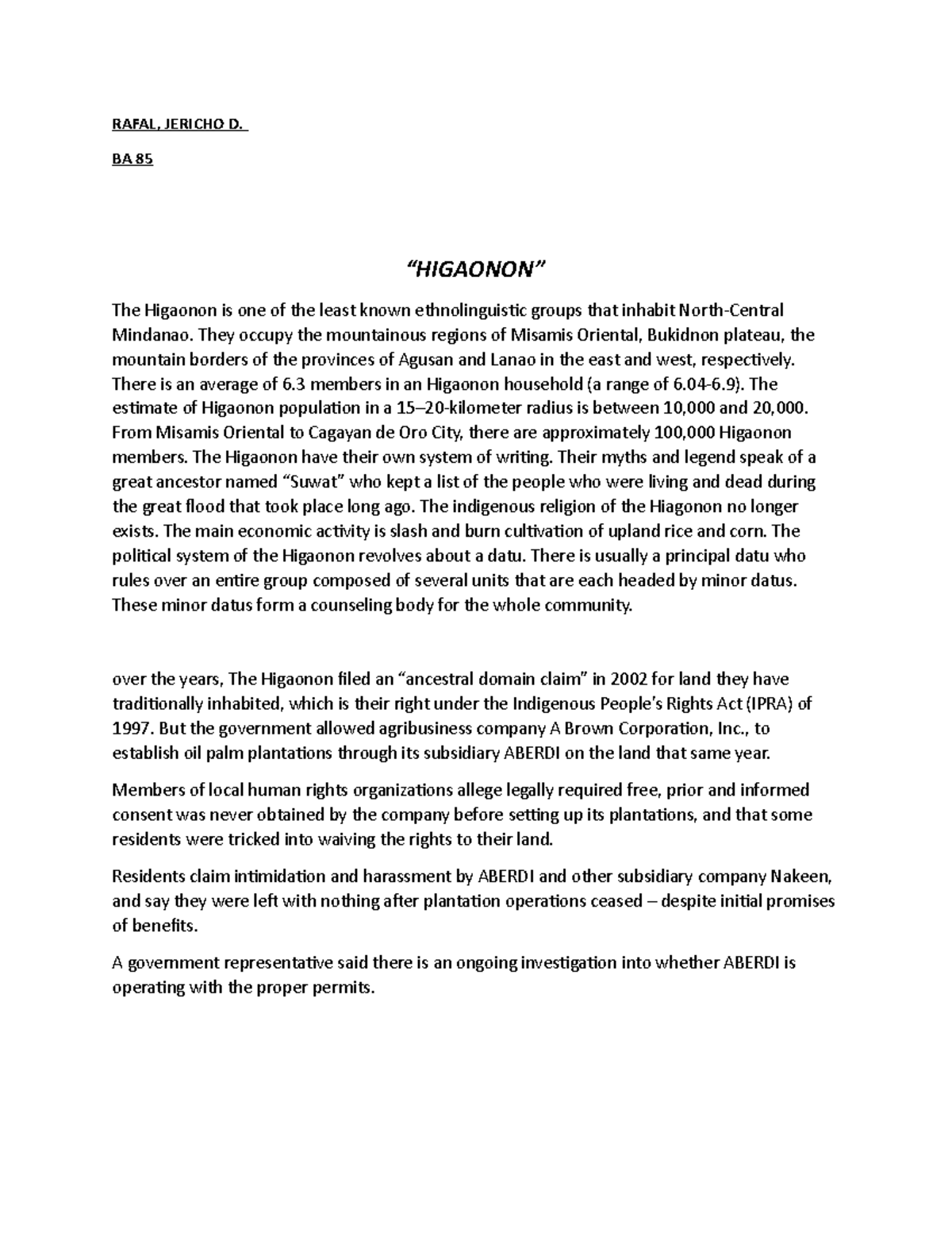 Rafal, Jericho - Higaonon (RPH) - RAFAL, JERICHO D. BA 85 “HIGAONON ...