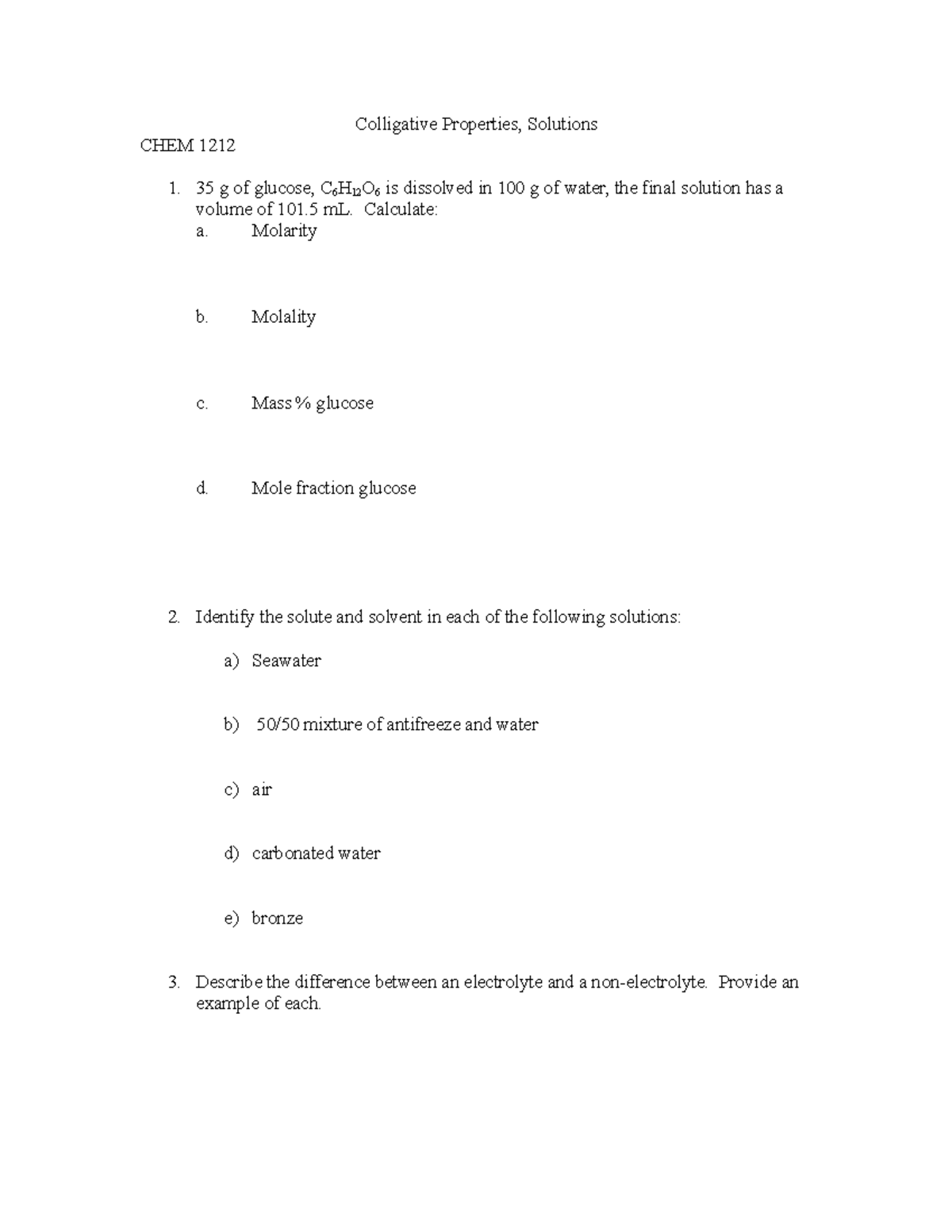 Worksheet Solution properties - Colligative Properties, Solutions CHEM ...