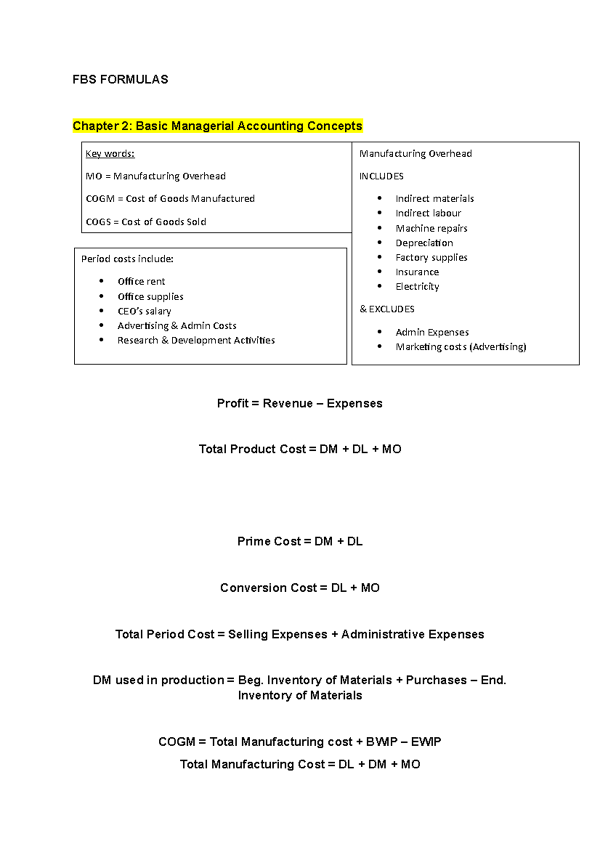 FBS Formulas - FBS 222, EXAM preparations - FBS FORMULAS Chapter 2 ...