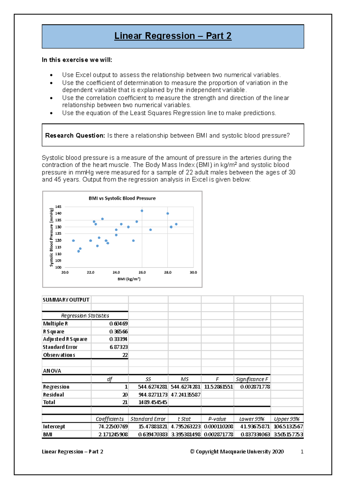 Sgtaweek 9 - Linear Regression – Part 2 © Copyright Macquarie University 2020 1 Linear ...