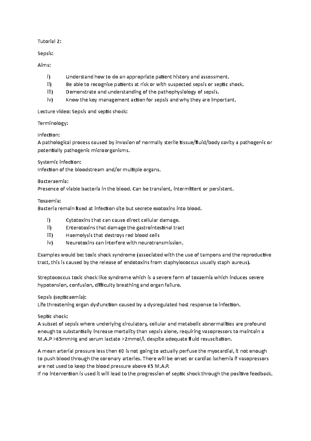 Tutorial 2. Sepsis. - NURS1101 - UoN - Studocu