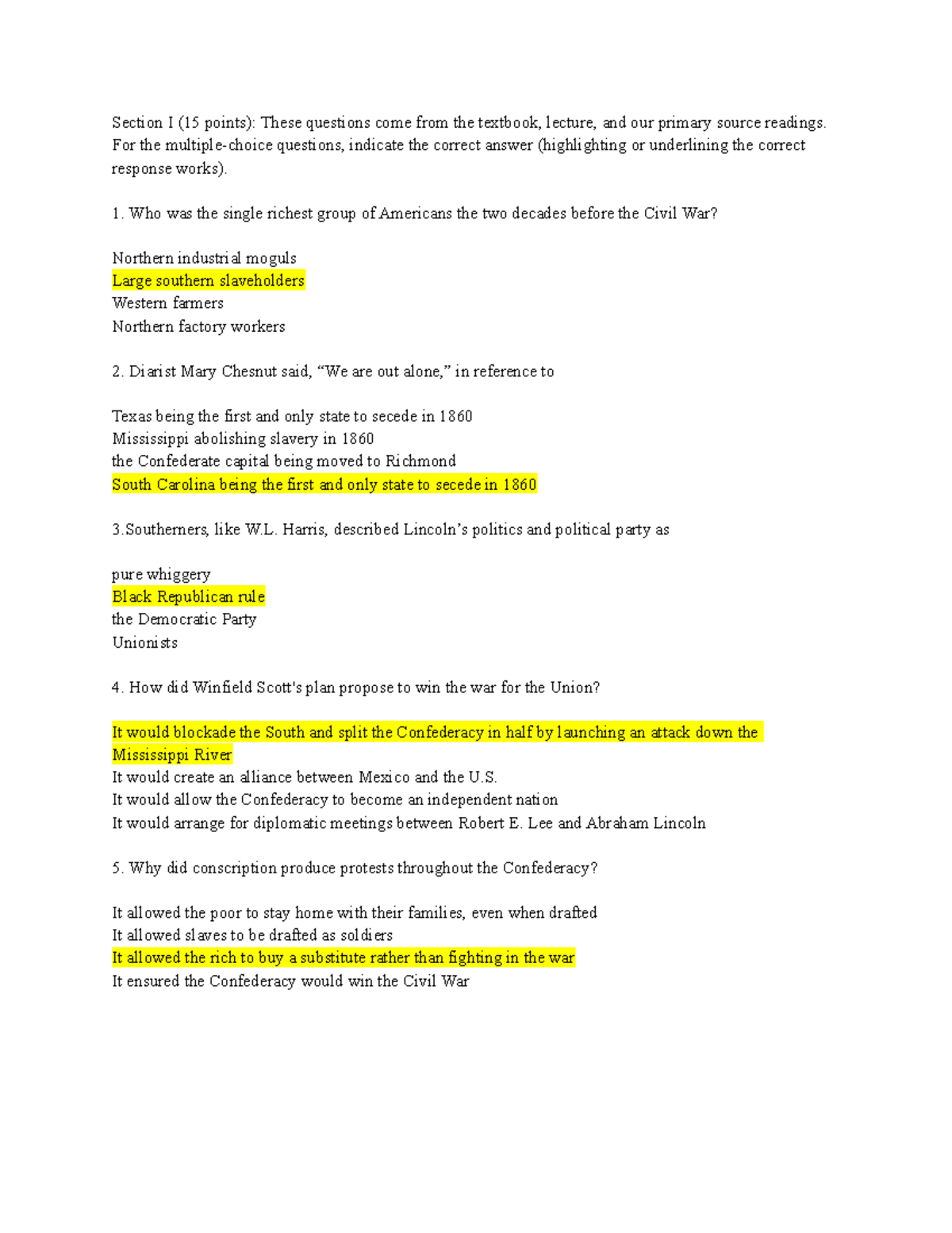 Civil War Exam 1 - this is the first exam of the class - Section I (15 ...