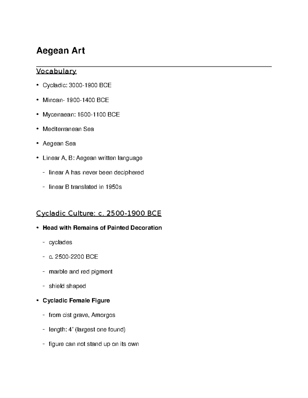 ART 2.1- Aegean Art - Lecture notes spring 2016 - Aegean Art Vocabulary ...