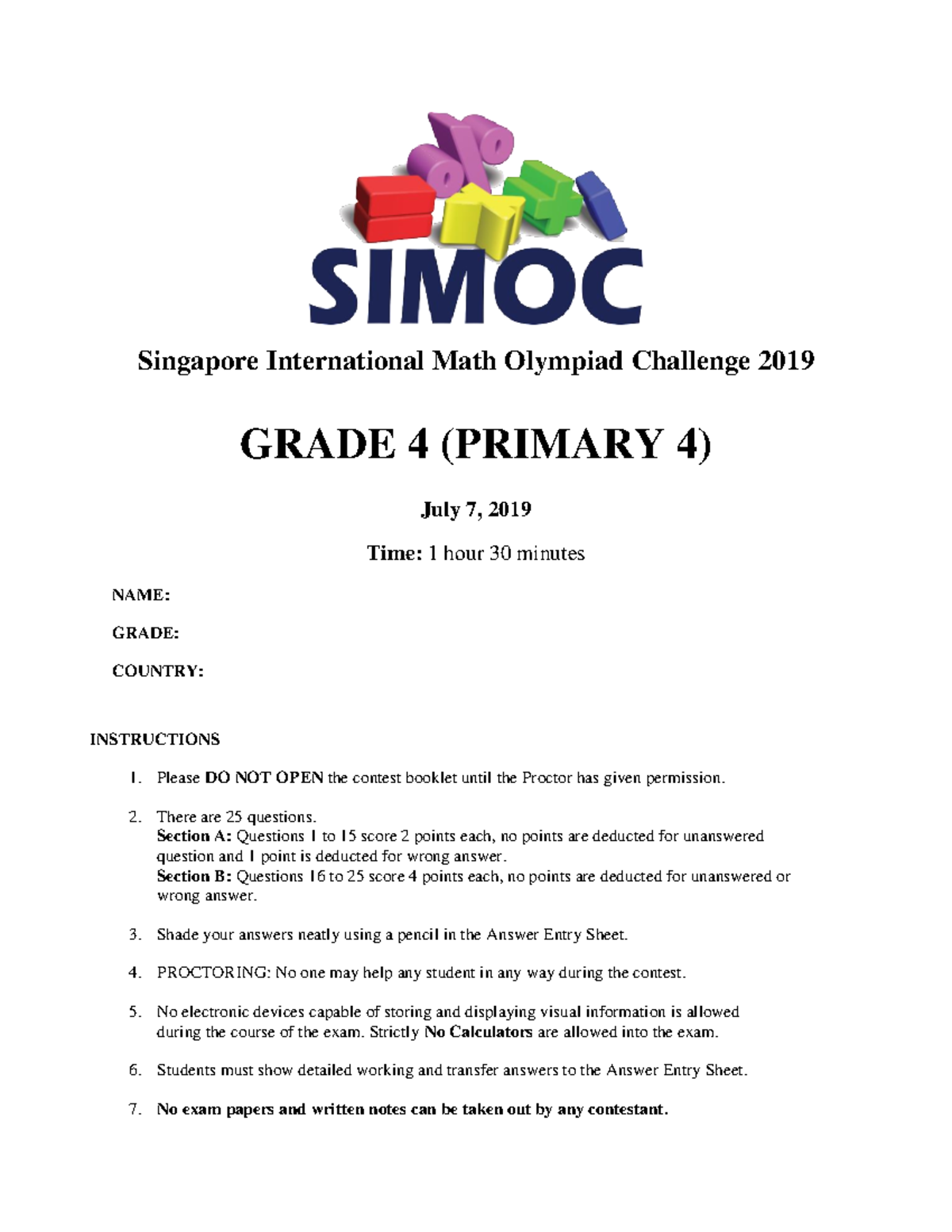 Simoc Grade 4 2019 - Singapore International Math Olympiad Challenge ...
