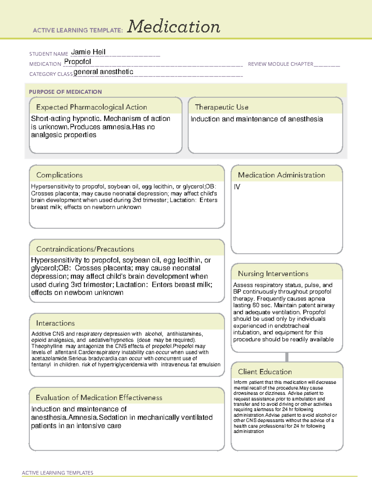 Propofol - ACTIVE LEARNING TEMPLATES Medication STUDENT NAME