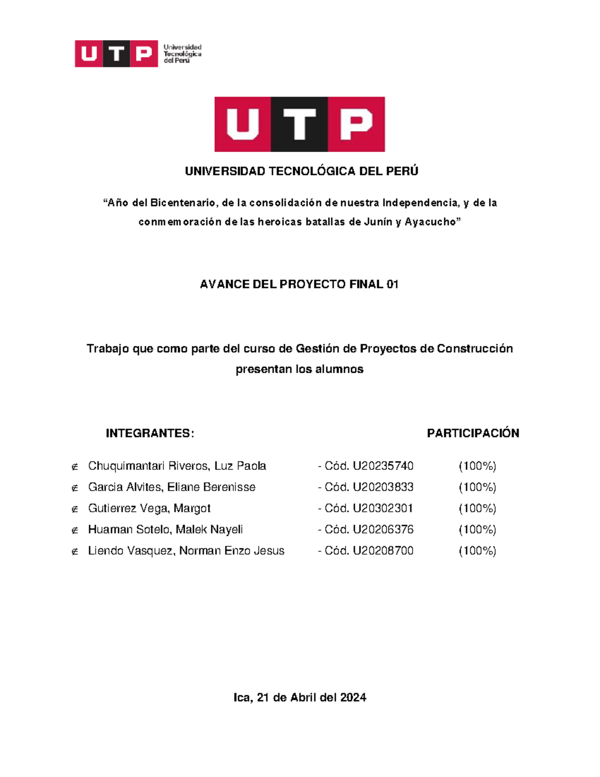Avance DEL Proyecto Final 01 - UNIVERSIDAD TECNOLÓGICA DEL PERÚ “Año del Bicentenario, de la ...