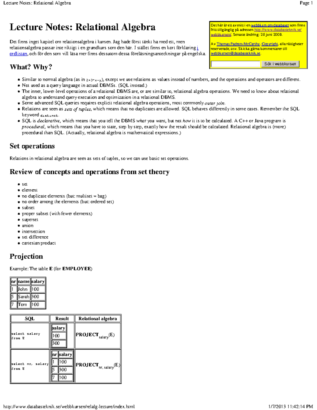 Relational Algebra Lecture Notes Det Här är Ett Avsnitt I En