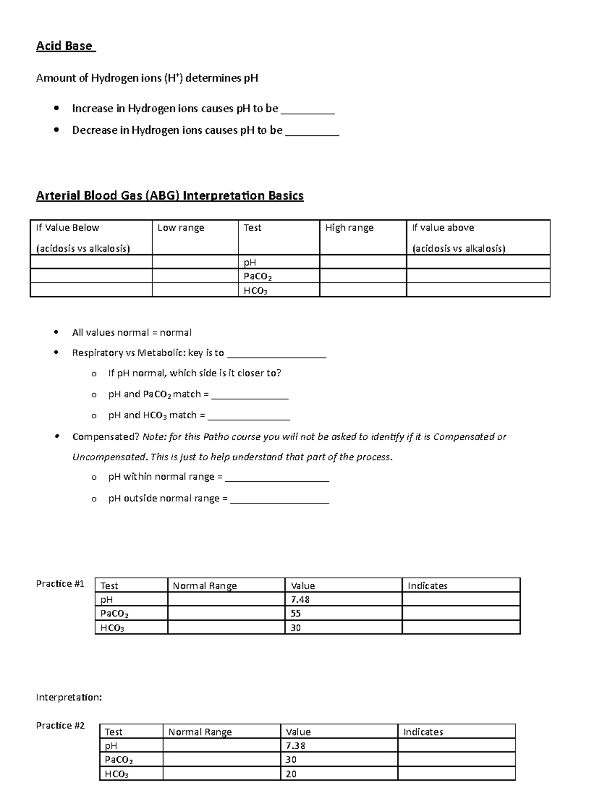 Acid Base Student Guided Notes - Acid Base Amount of Hydrogen ions (H+ ...