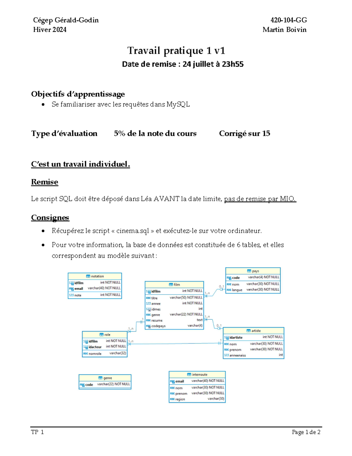TP1 - Bases de données - Cégep Gérald-Godin 420 - 104 - GG Hiver 2024 Martin Boivin TP 1 Page 1 ...