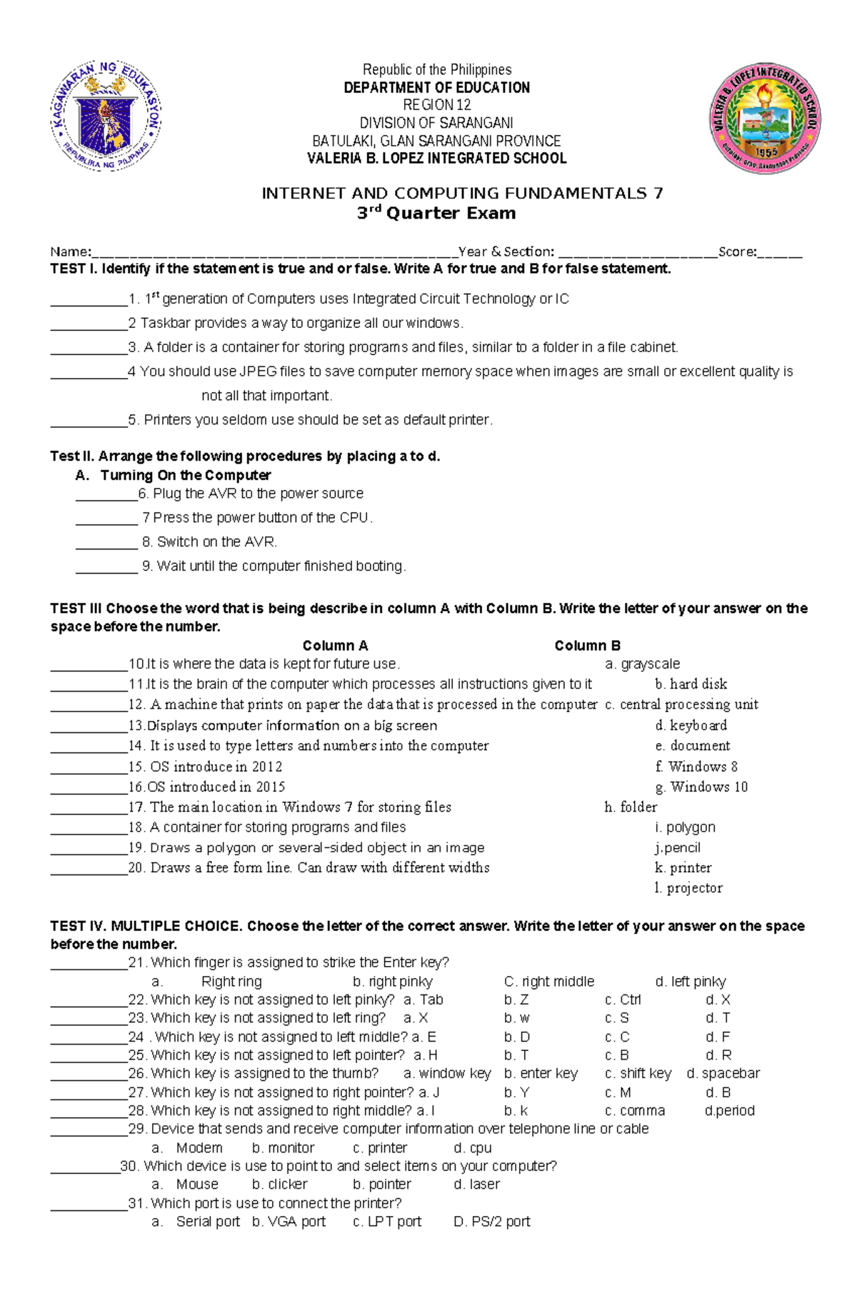 3rd Quater Grade 7 ICF - Republic of the Philippines DEPARTMENT OF ...
