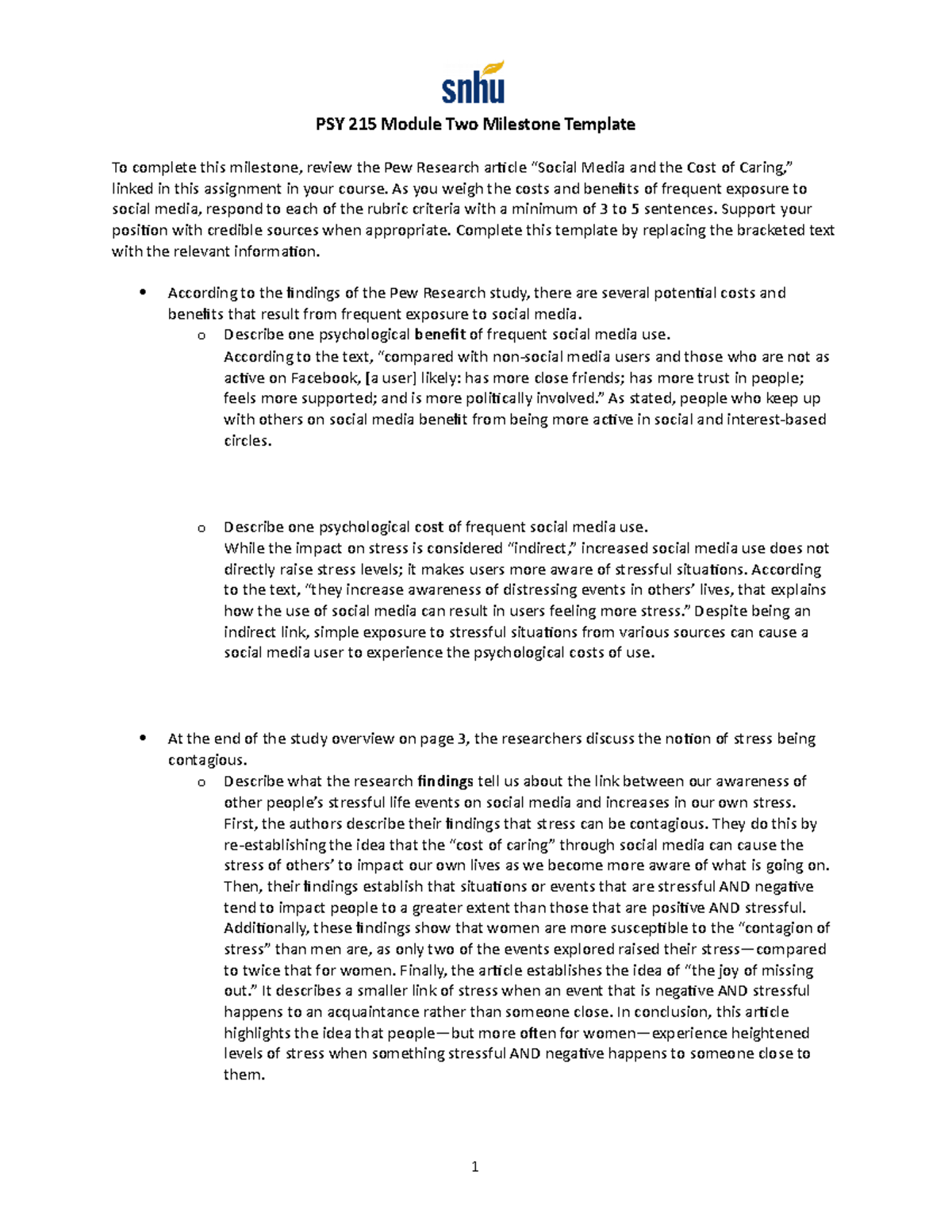 PSY 215 Module Two Milestone Template - Completed and revised - PSY 215 ...