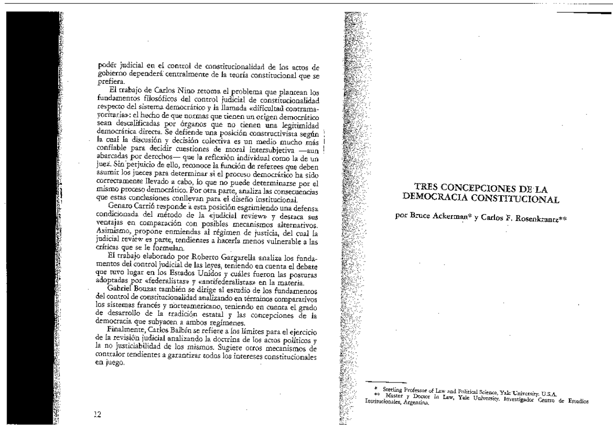 Ackerman y Rosenkrantz - 1991 - Tres concepciones de la democracia constitucional - Studocu