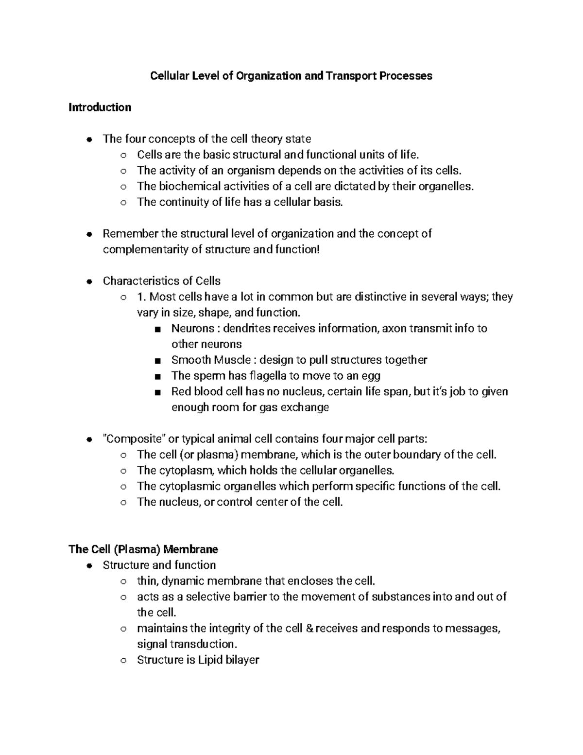 Lecture 2 Cellular Level of Organization and Transport Processes ...
