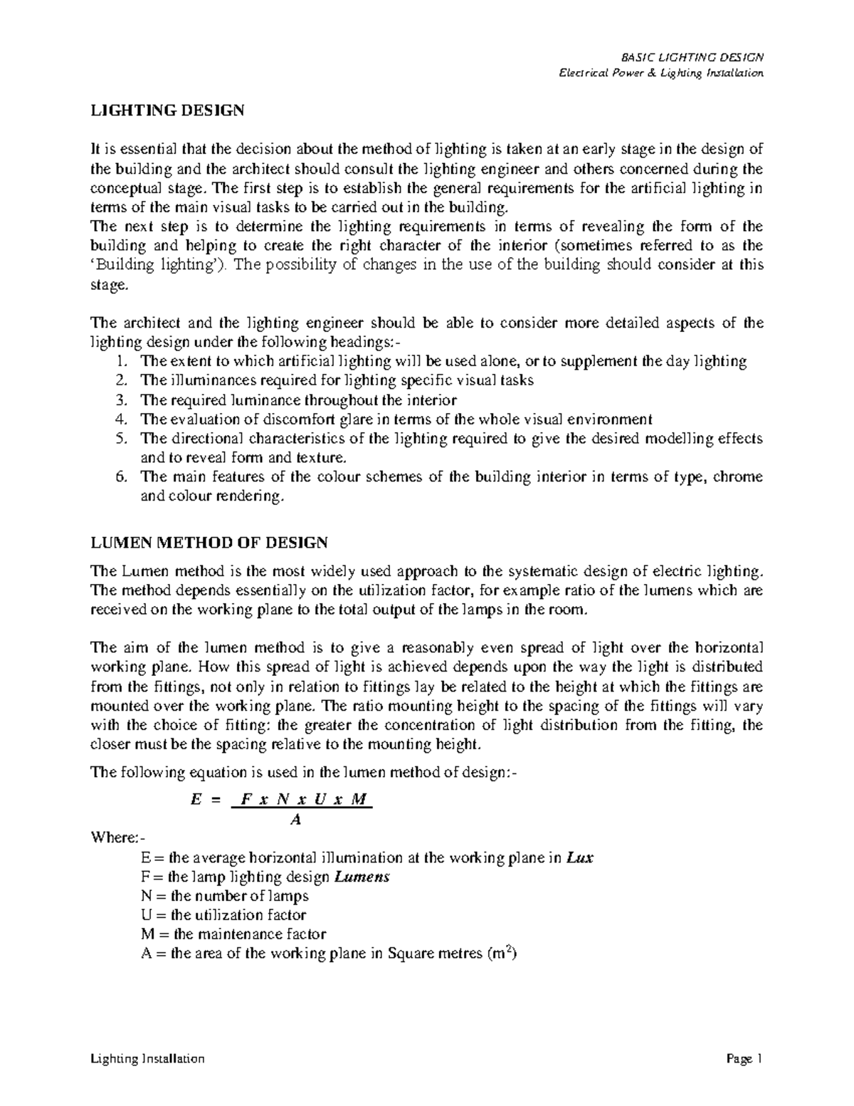 Basic Lighting Design Electrical Power a - Electrical Power & Lighting ...