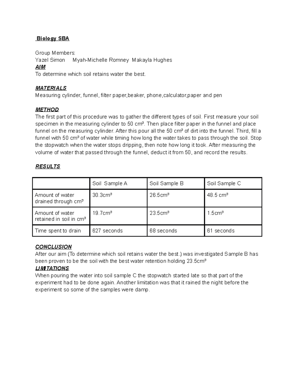 Biology SBA Edited - Biology SBA Group Members: Yazel Simon Myah ...