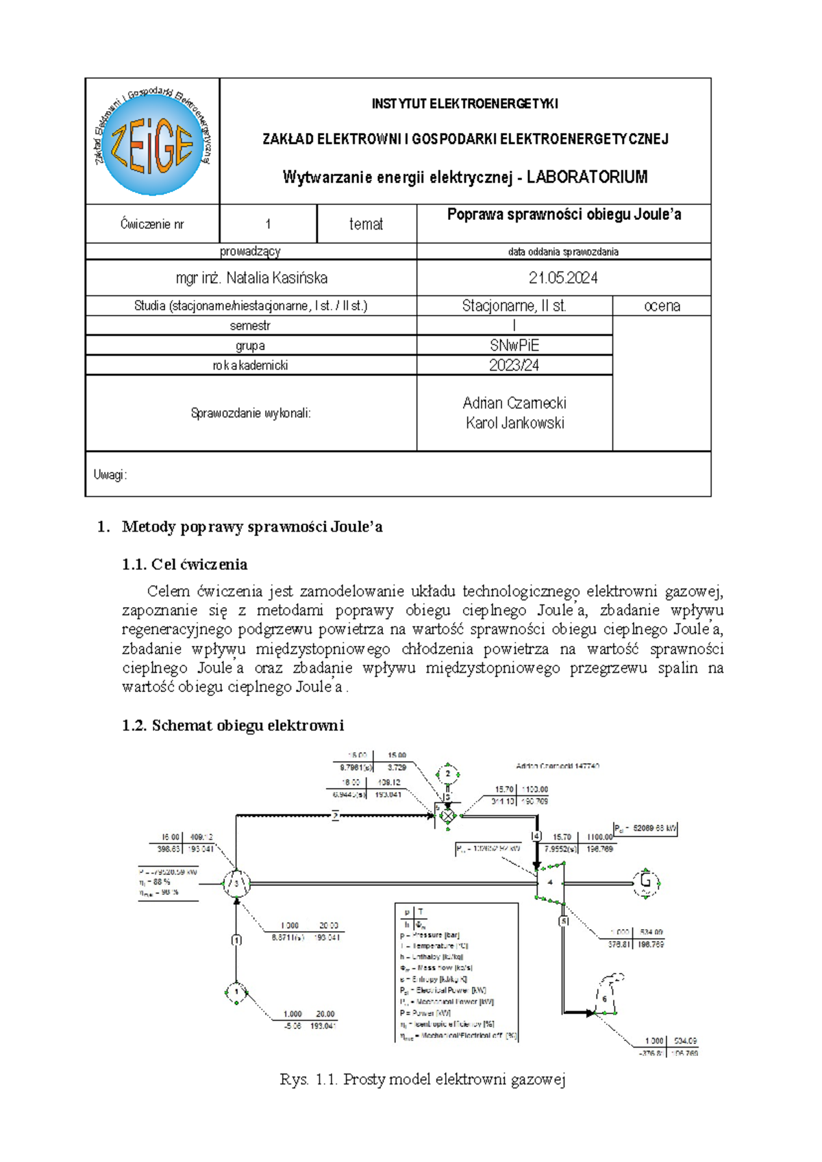 WEE sprawozdanie (część gazowa) - aZ k ł a d E l e k t r o w n i i G o ...
