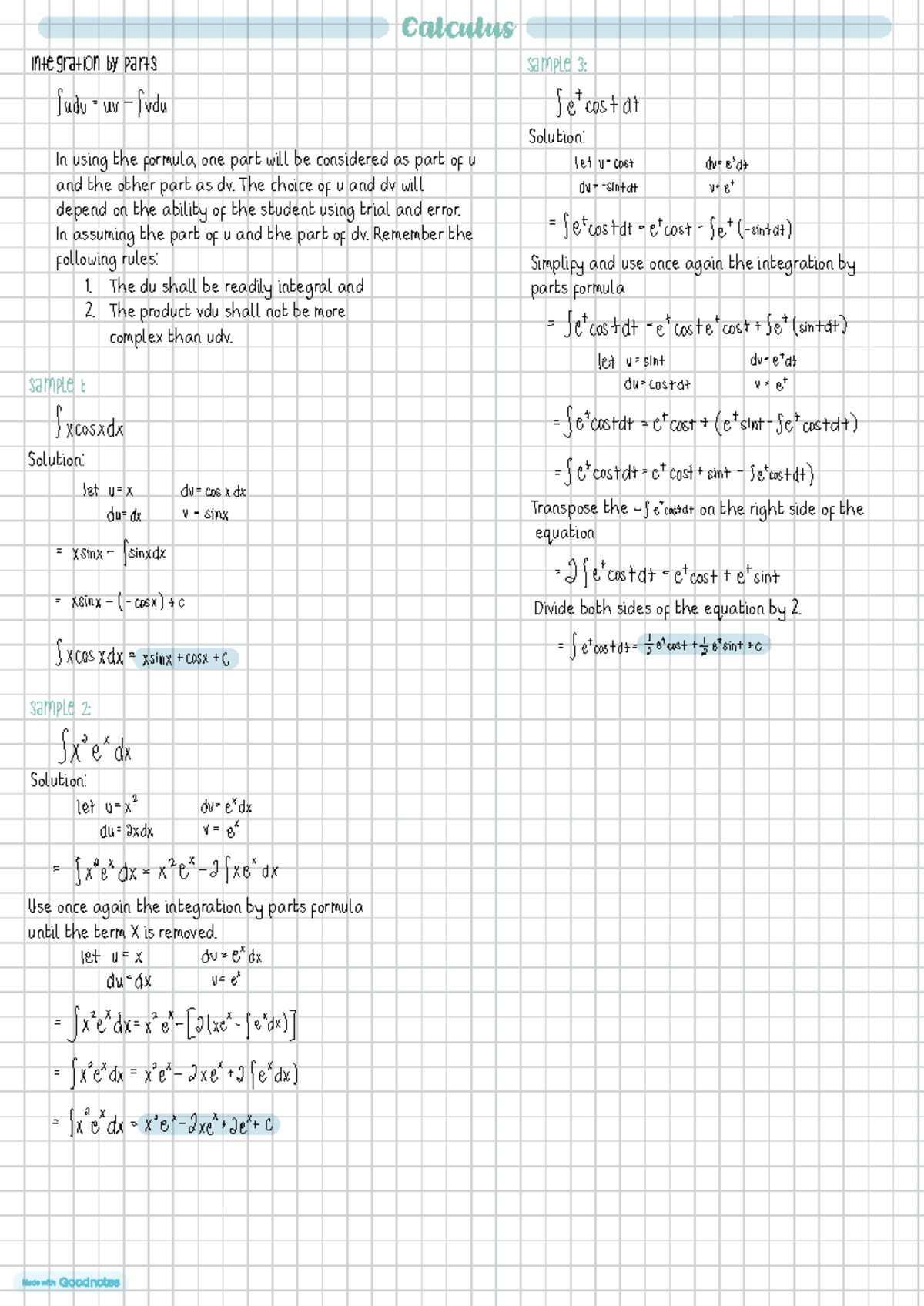 Pre-Calculus Lecture notes in Finals - Integration by parts In using ...