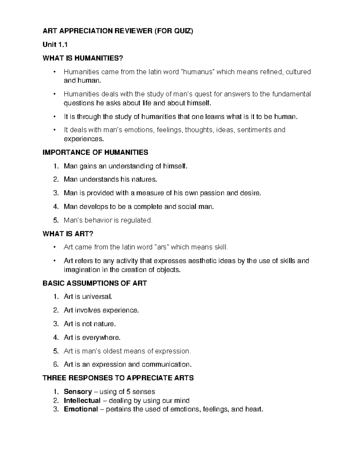 ART Appreciation Reviewer - ART APPRECIATION REVIEWER (FOR QUIZ) Unit 1 ...