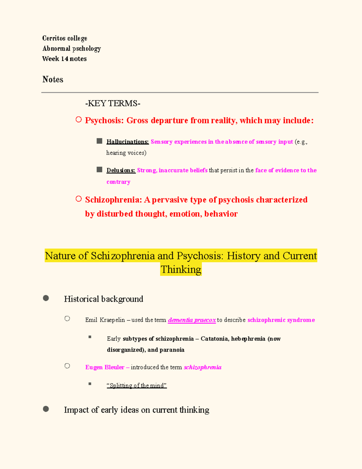 Week 14 notes schizophrenia - Cerritos college Abnormal pschology Week ...