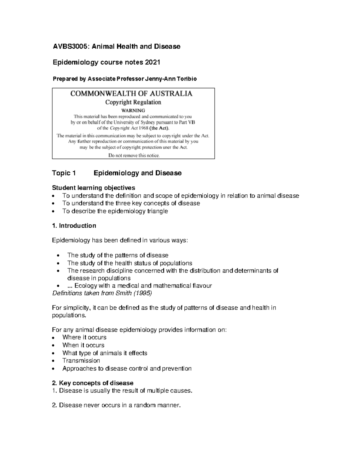 AVBS3005 Epidemiology course notes 2021 - AVBS3005: Animal Health and ...