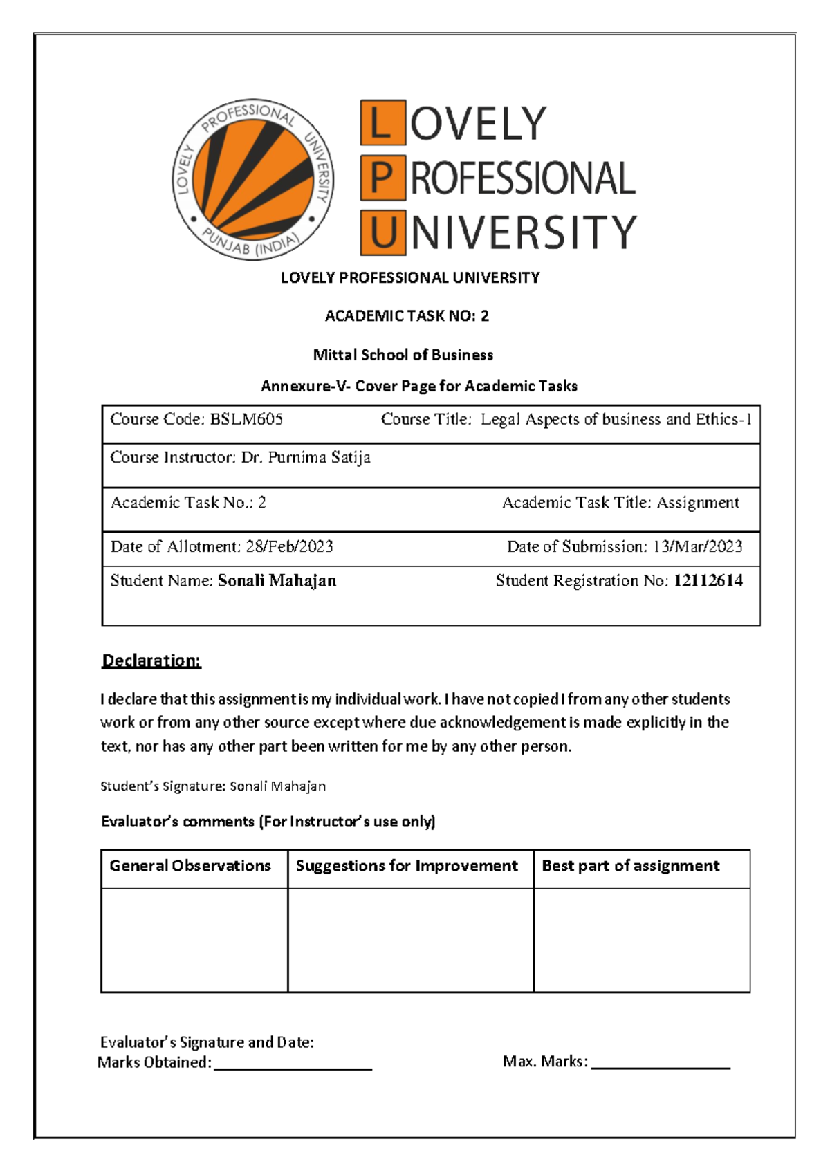 14-03-2023 bslm ca 2 - assignment - LOVELY PROFESSIONAL UNIVERSITY ...