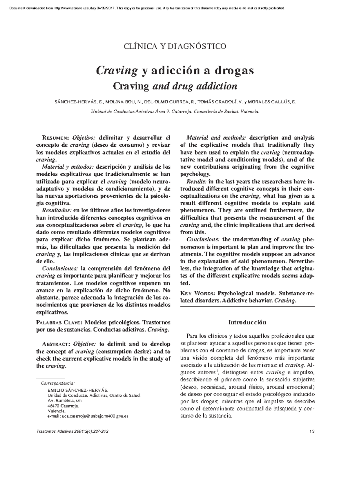 Craving de adicciones - salud - RESUMEN: Objetivo: delimitar y ...