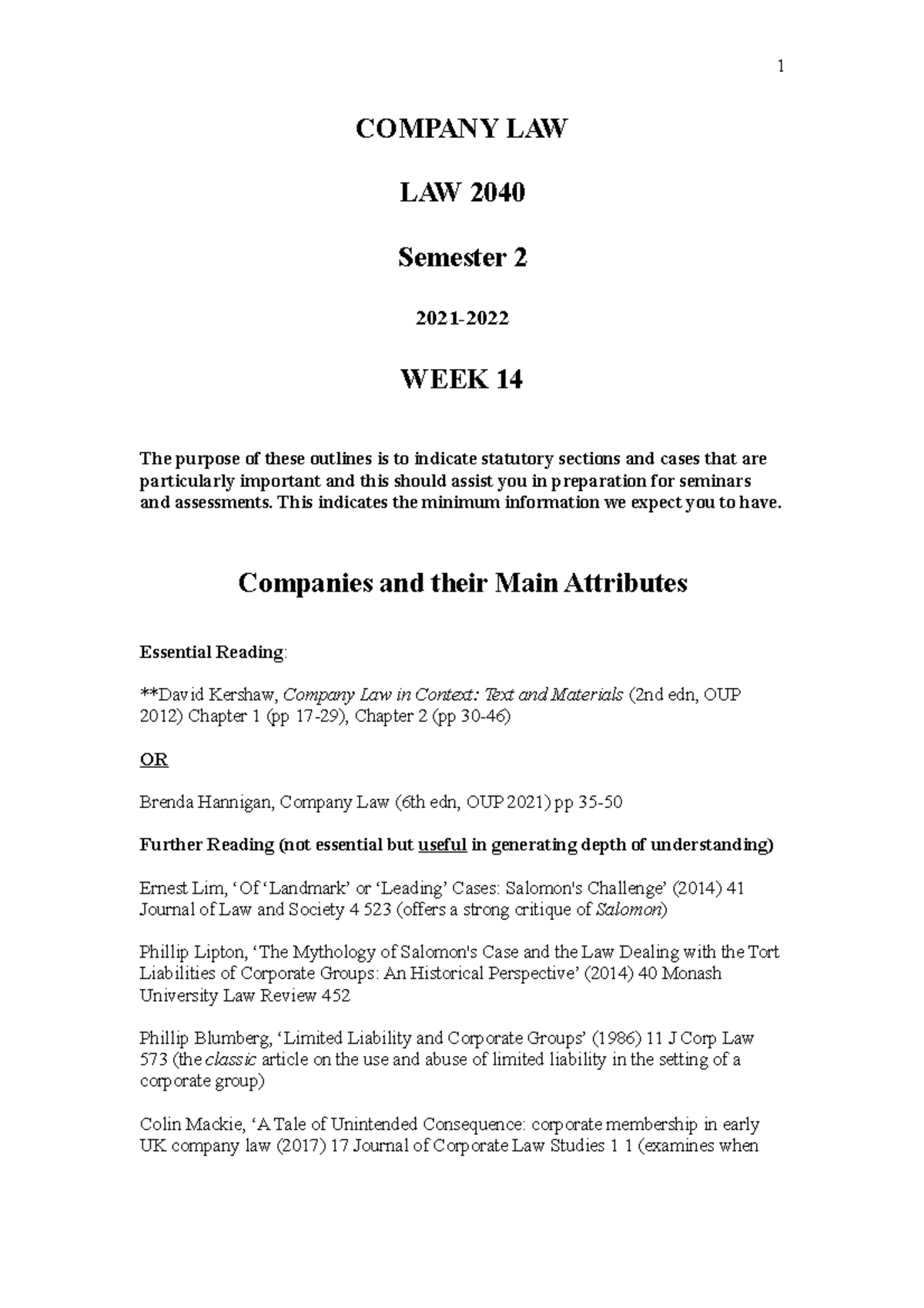 Company Law - 2021-2022 - Lecture outline, Comanies and Their Main ...