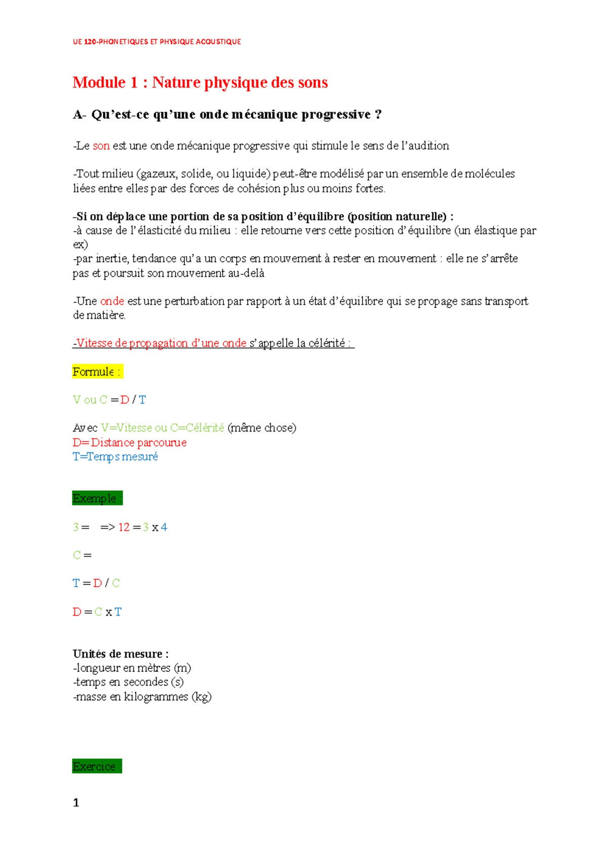 Prise DE Notes UE 120 Physique - Module 1 : Nature physique des sons A ...