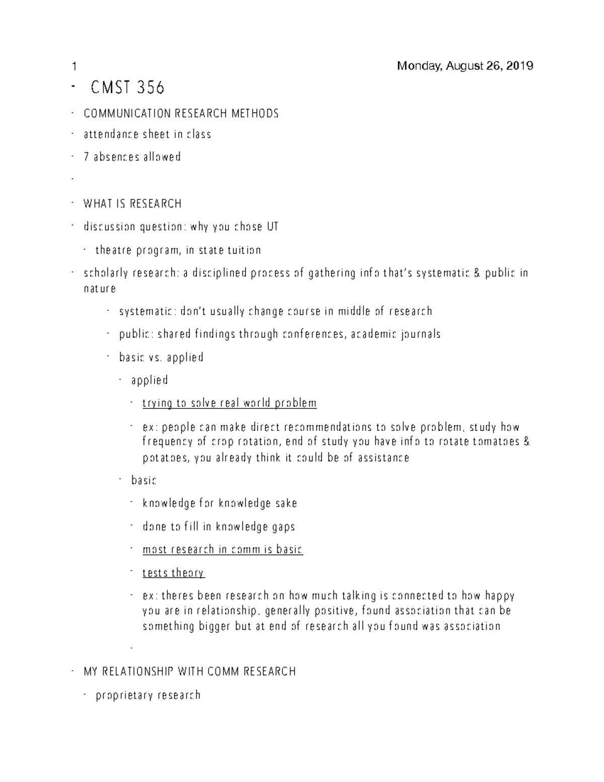 Class Notes - 1 Monday, August 26, 2019 - CMST 356 COMMUNICATION ...