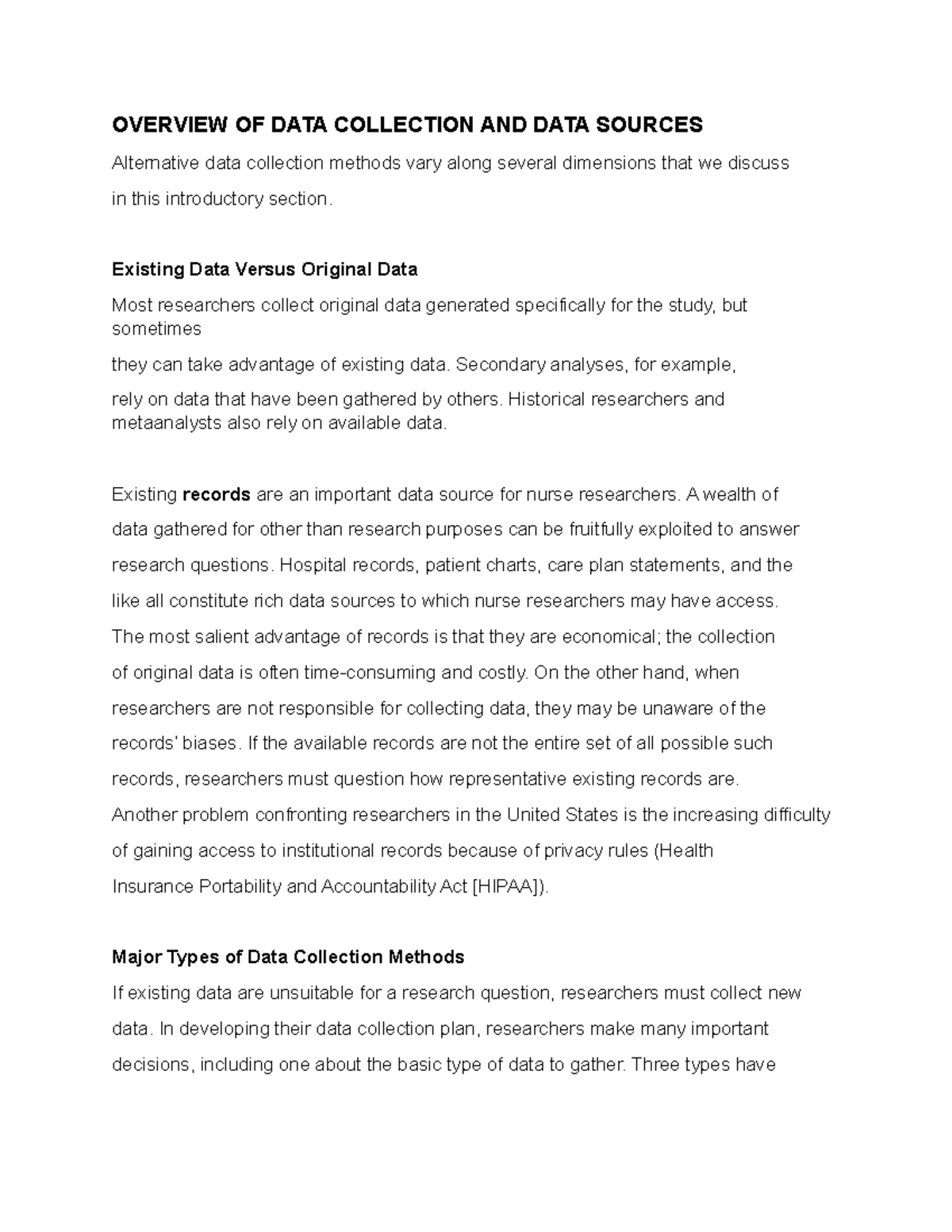 Overview OF DATA Collection AND DATA Sources - OVERVIEW OF DATA ...