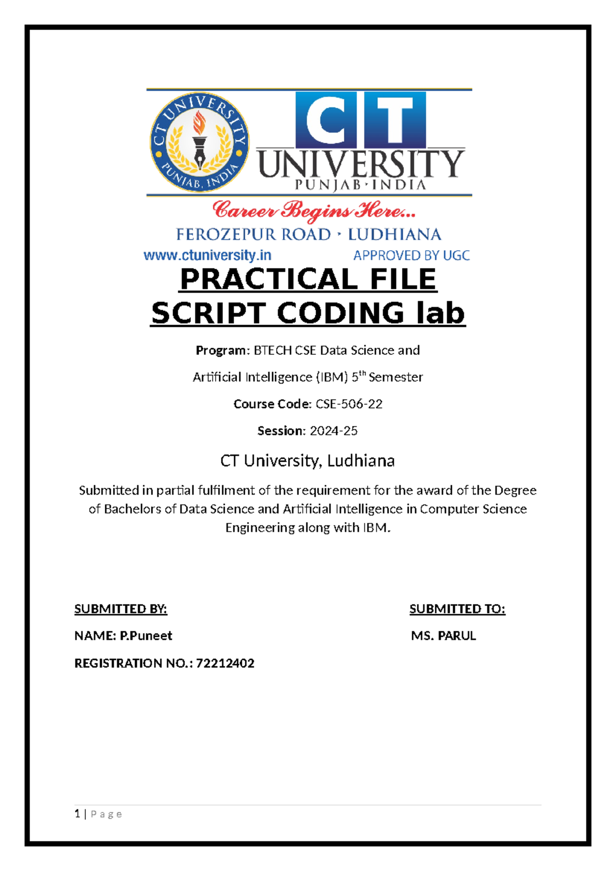RISHIRAM PROJECT - PRACTICAL FILE SCRIPT CODING lab Program: BTECH CSE Data Science and ...