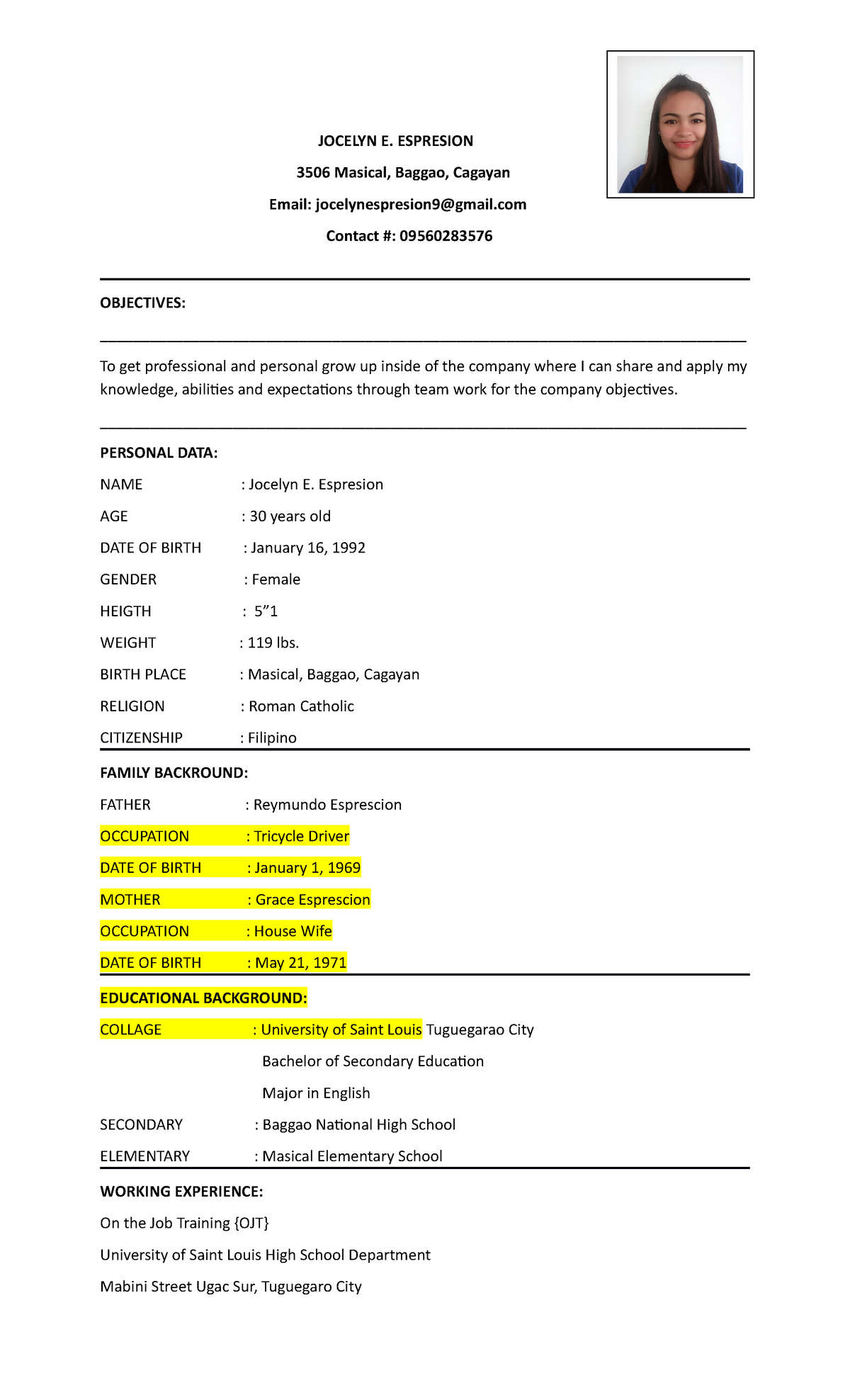 Jocelyn-E - resume - JOCELYN E. ESPRESION 3506 Masical, Baggao, Cagayan Email: - Studocu