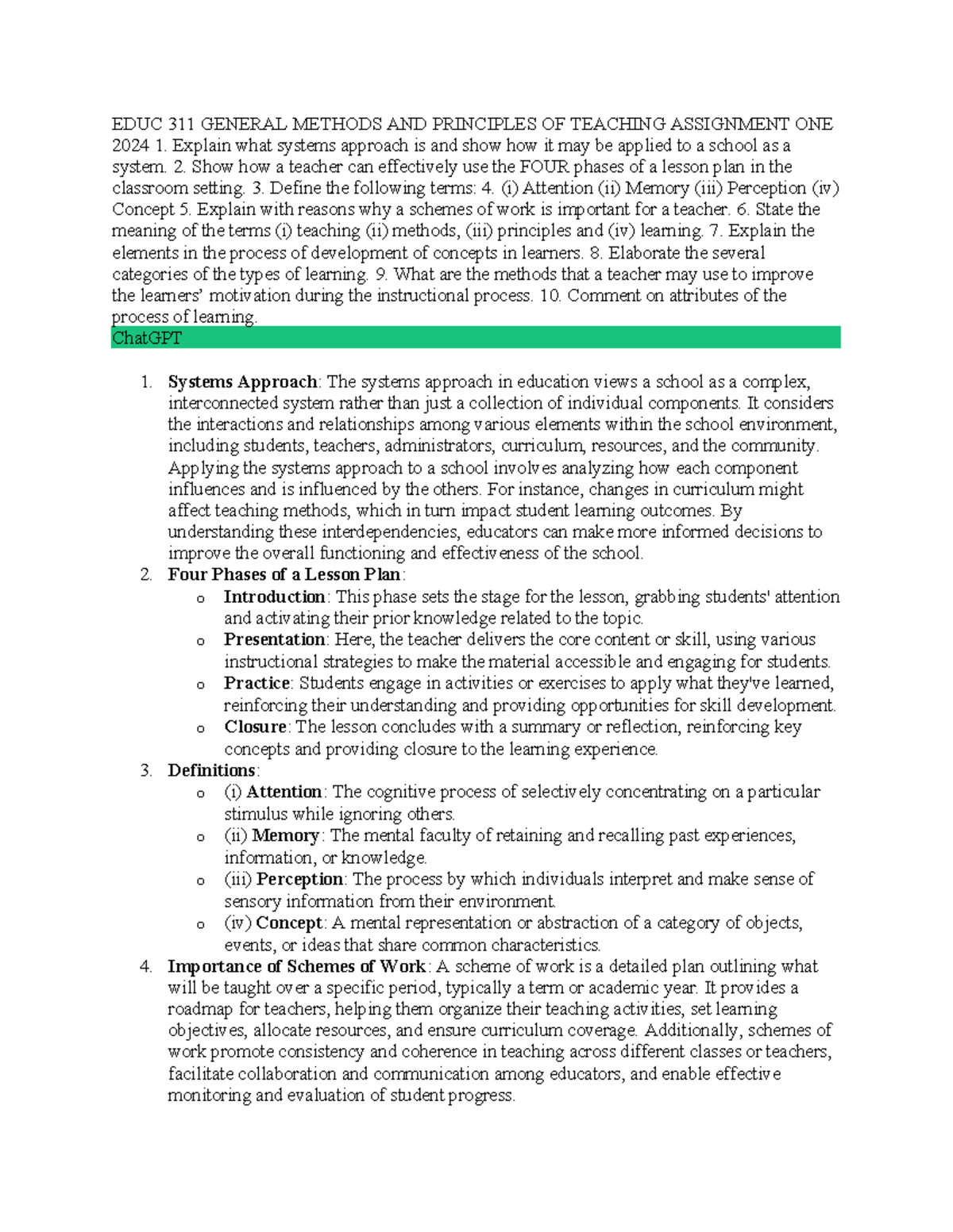 EDUC 311 General Methods AND Principles OF Teaching Assignment ONE 2024 ...