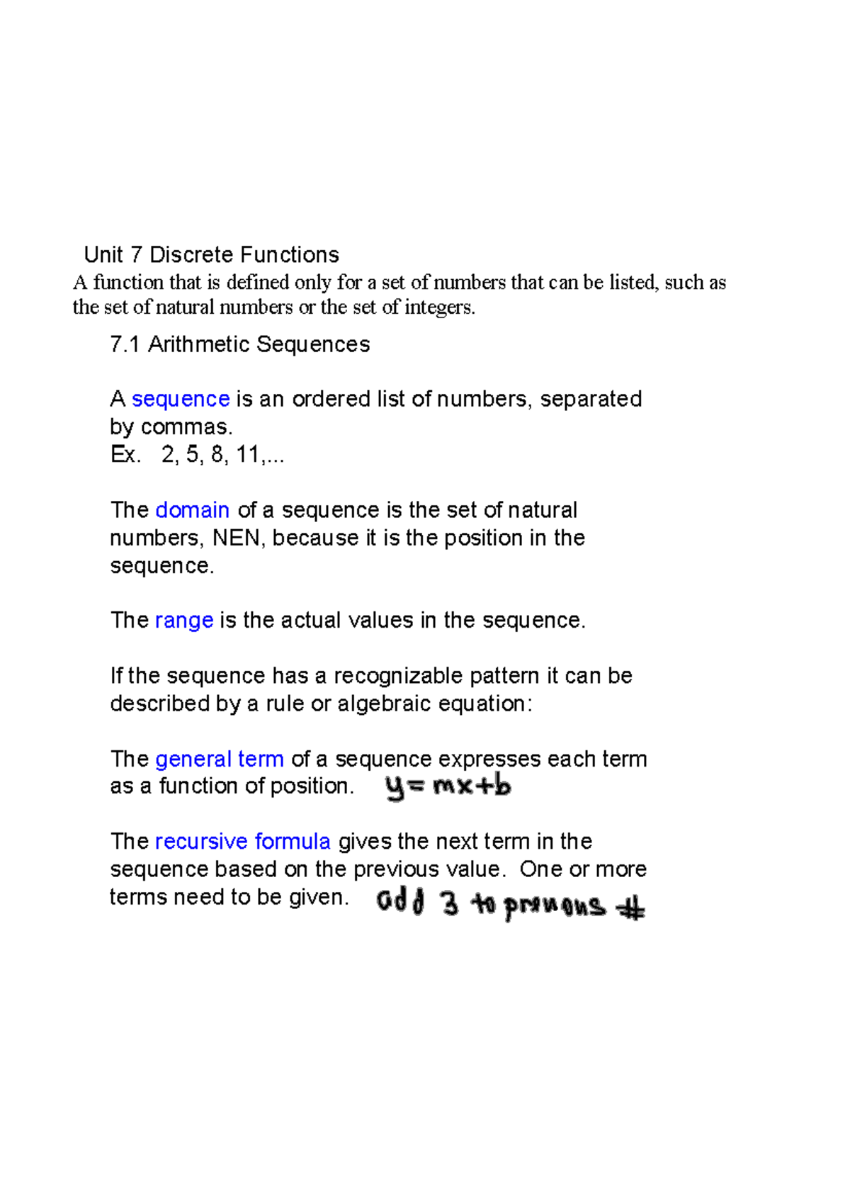 Chemistry Review - Unit 7 Discrete Functions 7 Arithmetic Sequences A sequence is an ordered ...