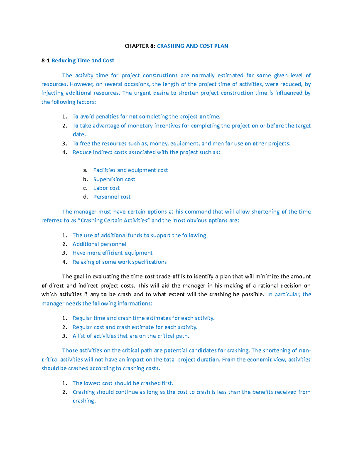 Chapter 8 Crashing and Cost Plan - CHAPTER 8: CRASHING AND COST PLAN 8 ...