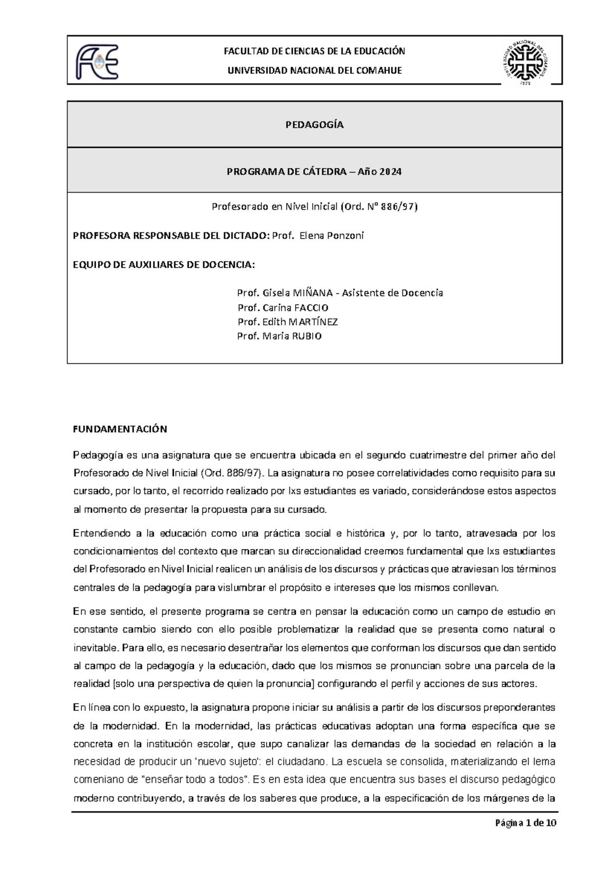 Pedagogía Programa PNI 2024 - FACULTAD DE CIENCIAS DE LA EDUCACIÓN ...