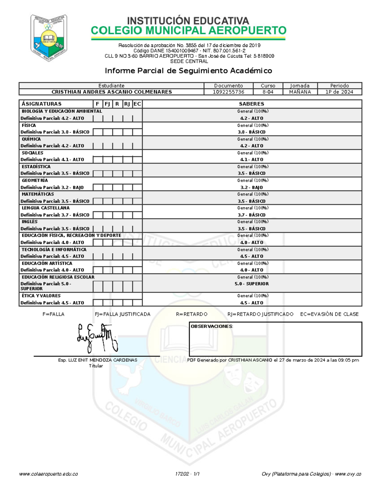 Informe Parcial de Seguimiento Acadmico - Resolución de aprobación No. 3855 del 17 de diciembre ...