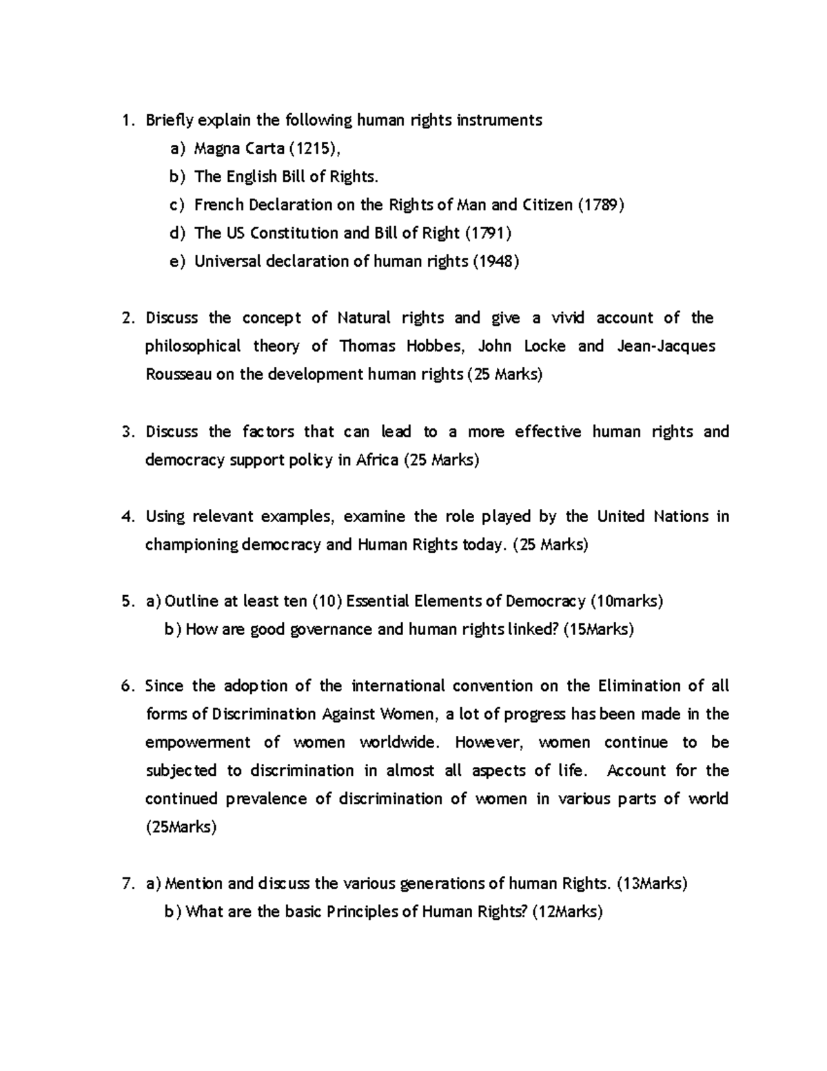 Sample Questions - Briefly explain the following human rights ...