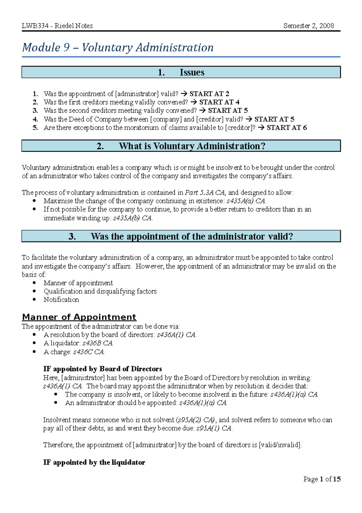 Module 9 (Wk 11) - Voluntary Administration - Module 9 – Voluntary ...
