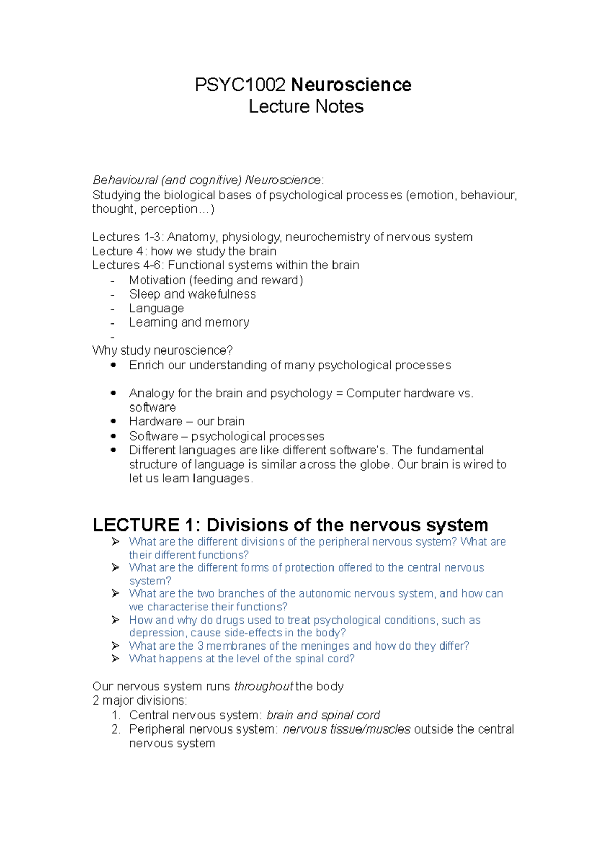 PSYC1002 Neuroscience notes - PSYC1002 Neuroscience Lecture Notes ...