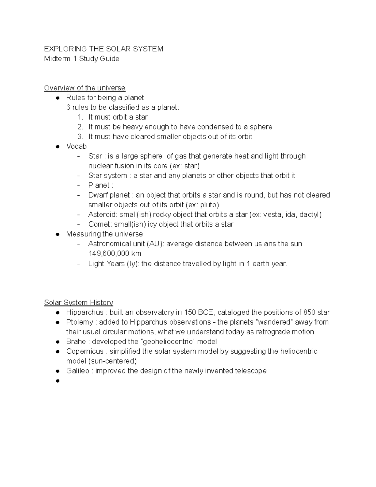 Astronomy Midterm 1 Study Guide - EXPLORING THE SOLAR SYSTEM Midterm 1 ...