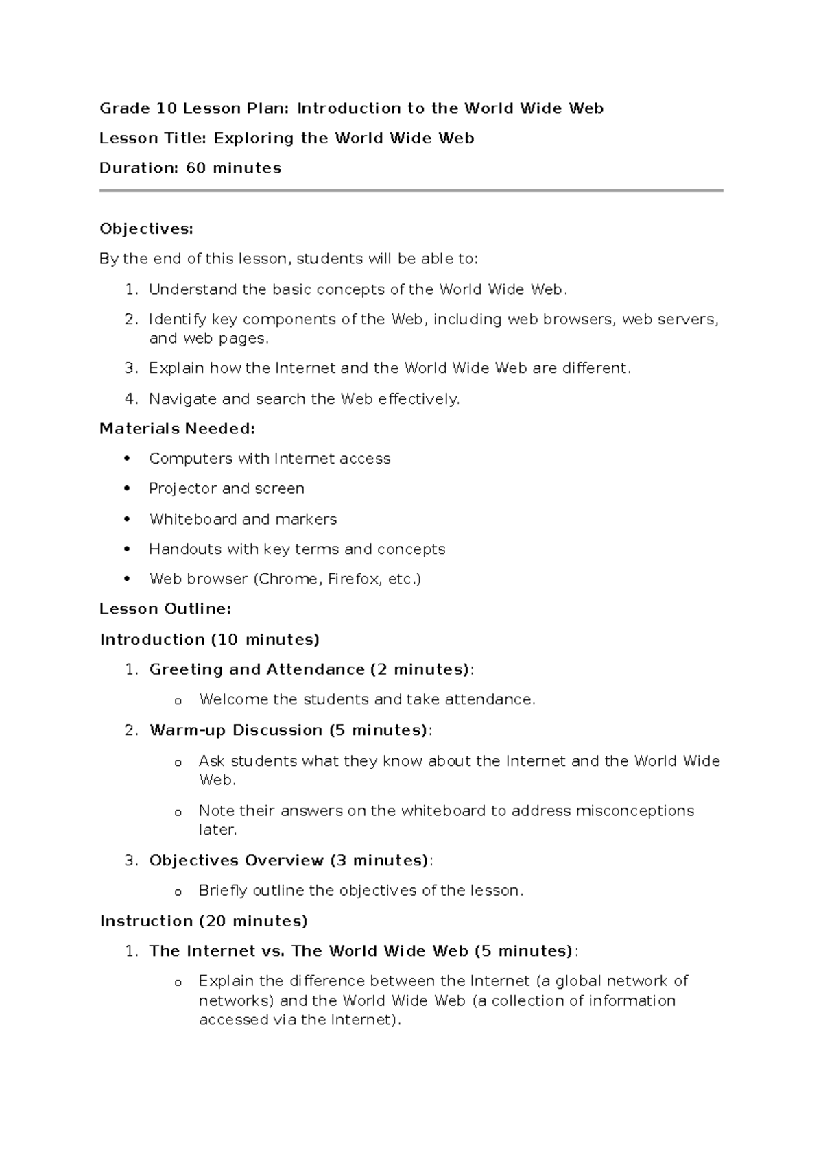 World wide web Grade 10 Lesson Plan - Grade 10 Lesson Plan ...