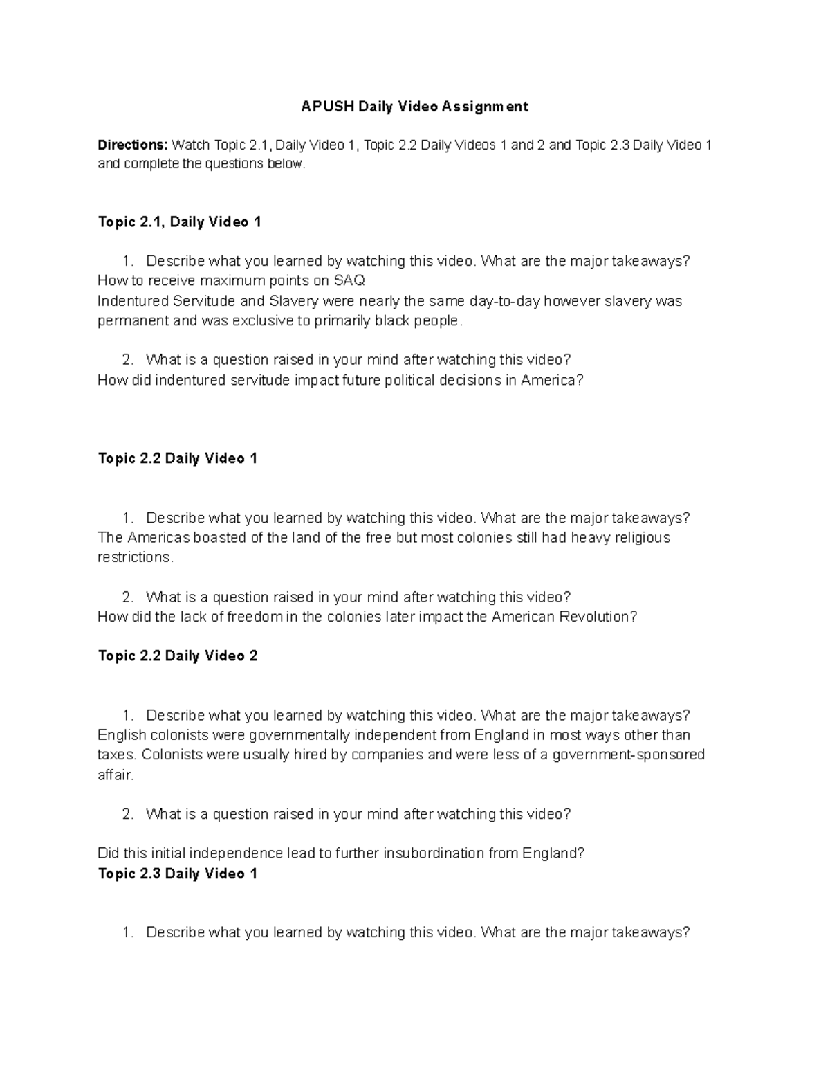 Apush Daily Video Notes - APUSH Daily Video Assignment Directions ...